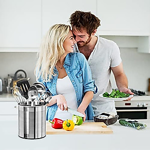 Oggi Jumbo Stainless Steel Rotating Utensil Holder with Removable Divider - Stylish kitchen cooking utensil organizer. Height 7.5".