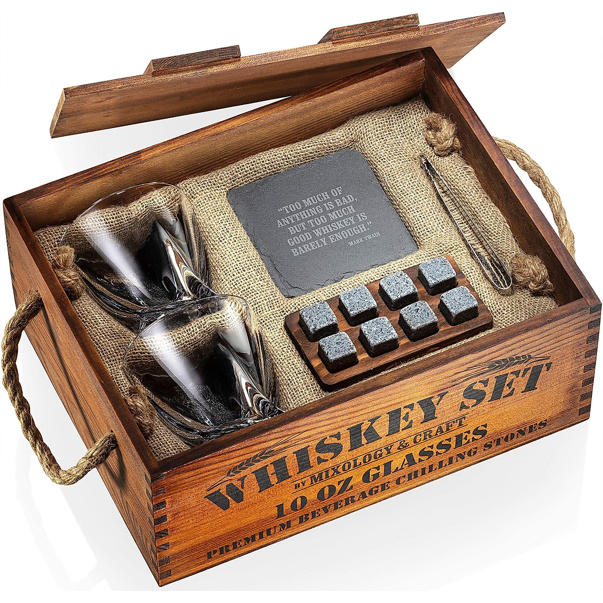 Mixology Whiskey Gift Set, Whiskey Glass Set with Rustic Wooden Crate, 8 Granite Whiskey Rocks Chilling Stones, 10oz Whiskey Glasses, Gift for Men, Dad, Husband, Boyfriend - Jameson Brown