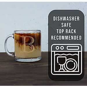 Etched Monogram 12oz Clear Glass Coffee Mug (Letter B), A-Z Customized Gifts for Coffee Lovers, Custom Engraved Gifts for Women Her, Personalized Gift for Men, Initial