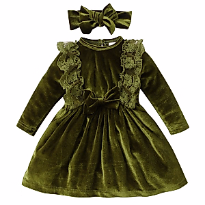 AFAVOM Toddler Baby Girls Velvet Tutu Dress with Headband Fall Winter Outfits Kids Lace Long Sleeve Princess Birthday Party Christmas Dresses Vintage Casual Holiday Playwear Clothes Green 6-9 Months