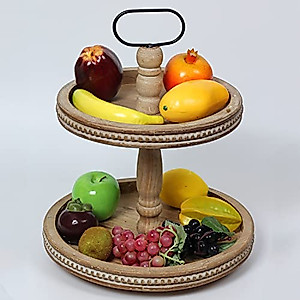 2 Tiered Tray Wooden Serving Stand Small Beaded Tray for Home Decor Display Farmhouse Country Decoration Kitchen or Dining or Room