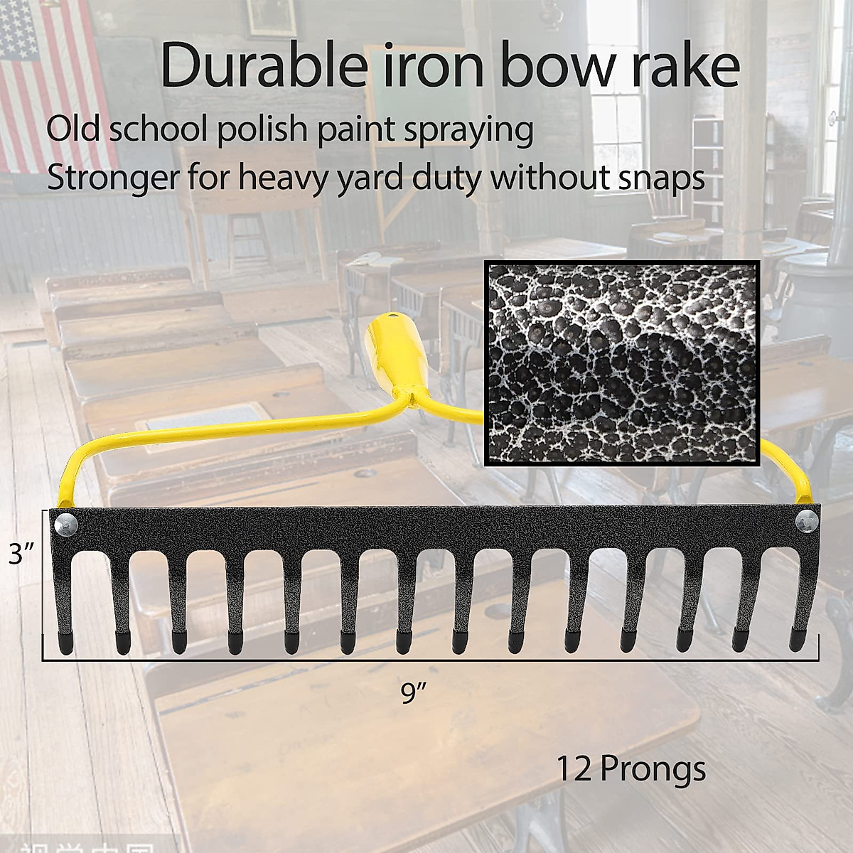 Garden Rake Metal, 12 Prongs 14" Wide Bow Rakes for Lawns Heavy Duty, Adjustable Rock Thatch Yard Rake for Leaves Gardening Loosening Soil Long Handle 32-60"