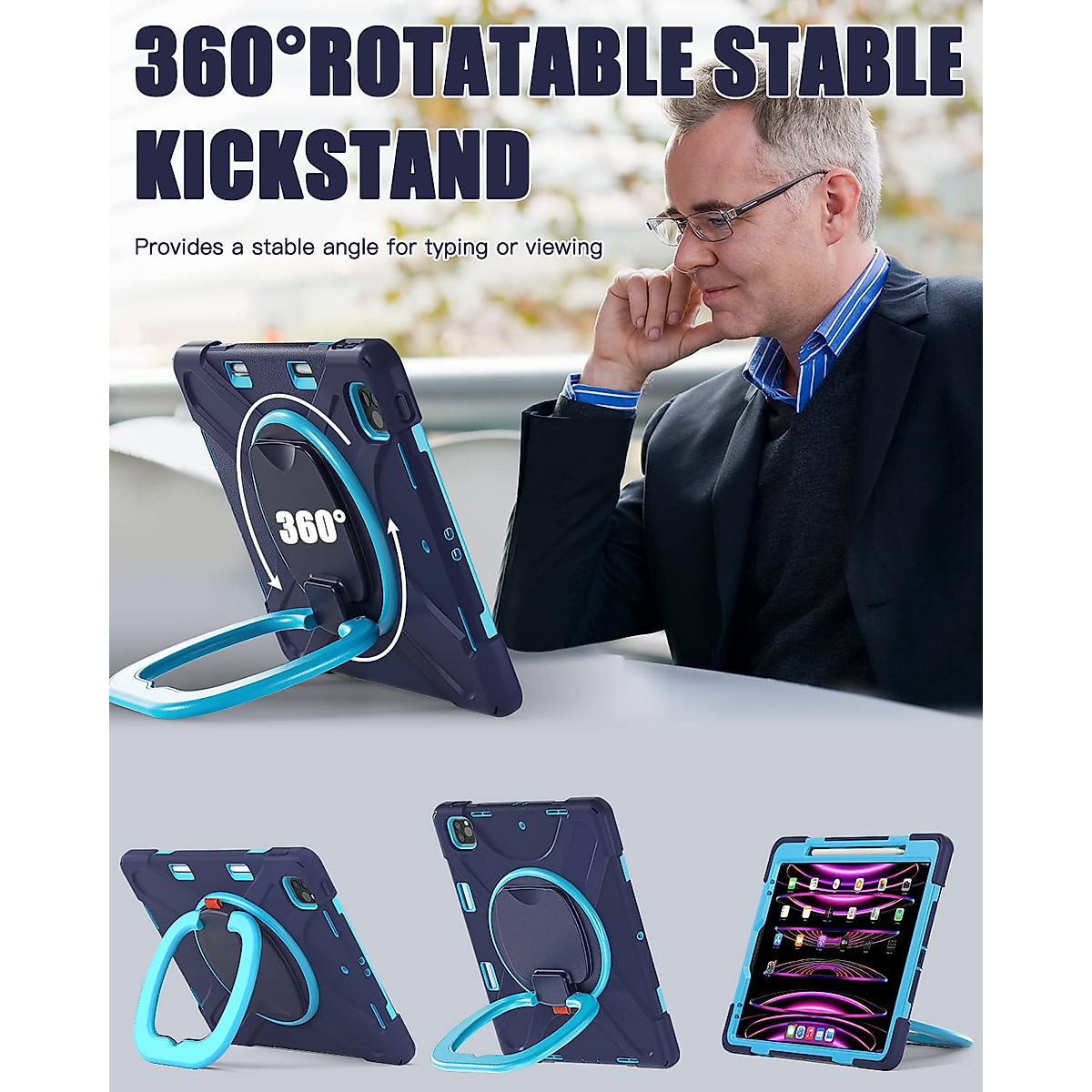 BRAECN for iPad Air 13 Inch Case M2 (2024), iPad Pro 12.9 (2022/2021, 6th/5th/4th/3rd Gen), Heavy Duty Shockproof Cover with Pencil Holder, Rotating Handle Grip, Stable Kickstand, Shoulder Strap, Navy