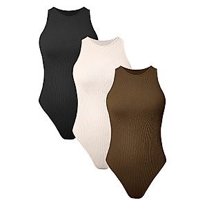 AUTOMET Womens 3 Piece Bodysuits Sexy Ribbed Sleeveless Halter Neck Shapewear Tank Tops One Piece Jumpsuits Summer Outfits