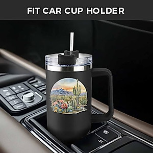 40 Oz Insulated Tumbler with Handle and Straw,Tropical Cactus Flower Mountain Stainless Steel Vacuum Insulated Travel Mug,Leak-proof Water Bottle Iced Coffee Cup,Desert Plant