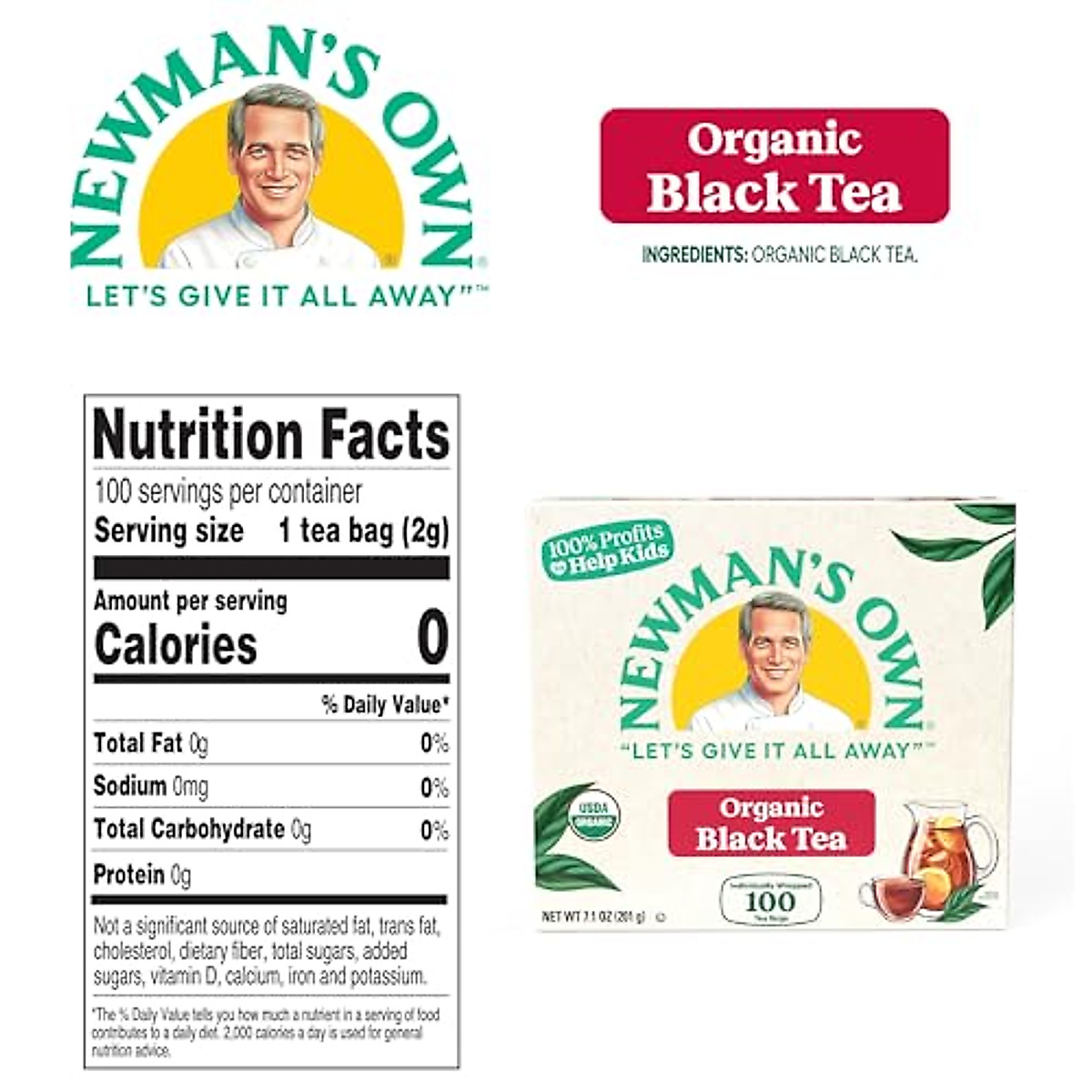 Newman's Own Organic Black Tea Promotes Overall Wellbeing Strong Robust Black Tea with 100 Tea Bags Per Box (Pack of 2) USDA Certified Contains Caffeine Brew Hot/Cold