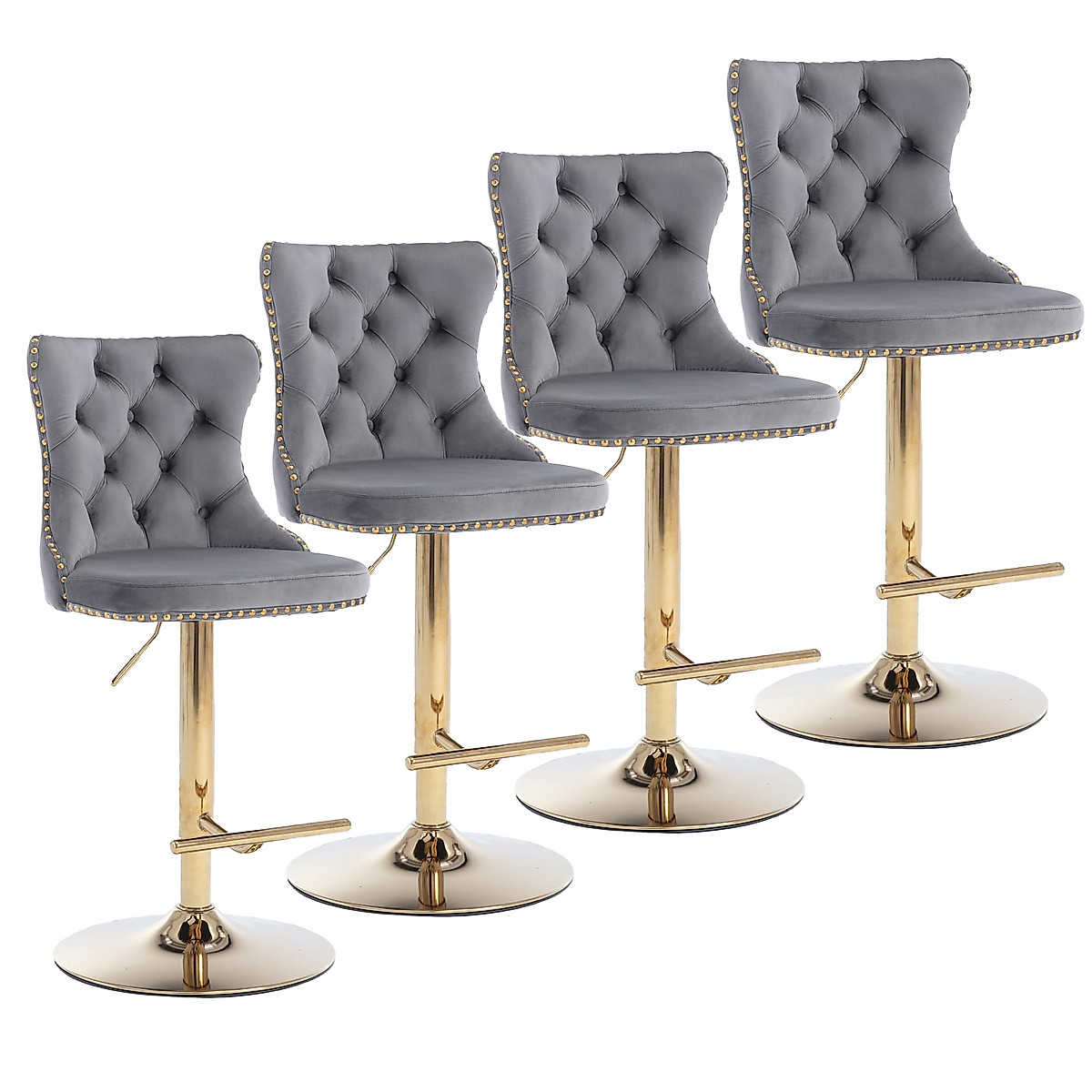 Aoowow Swivel Bar Stools Set of 4,Adjustable Barstools with Back Velvet Tufted Counter Stools Modern Upholstered Bar Chairs with Nailhead for Kitchen Island Restaurant Pub Counter
