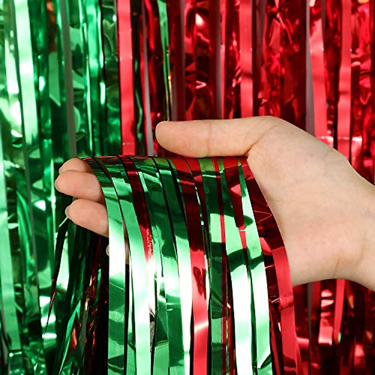 Sumind 3 Pack Metallic Tinsel Curtains, Foil Fringe Shimmer Curtain Door Window Decoration for Birthday Wedding Party (Red with Green)