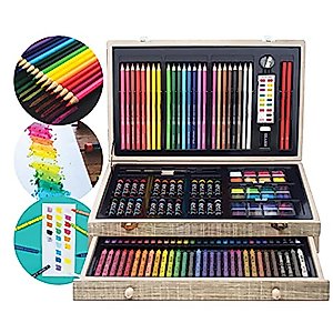 Art 101 Doodle and Color 142 Pc Art Set in a Wood Carrying Case: Includes 24 Premium Colored Pencils, A variety of coloring and painting mediums: crayons, oil pastels, watercolors; Portable Art Studio