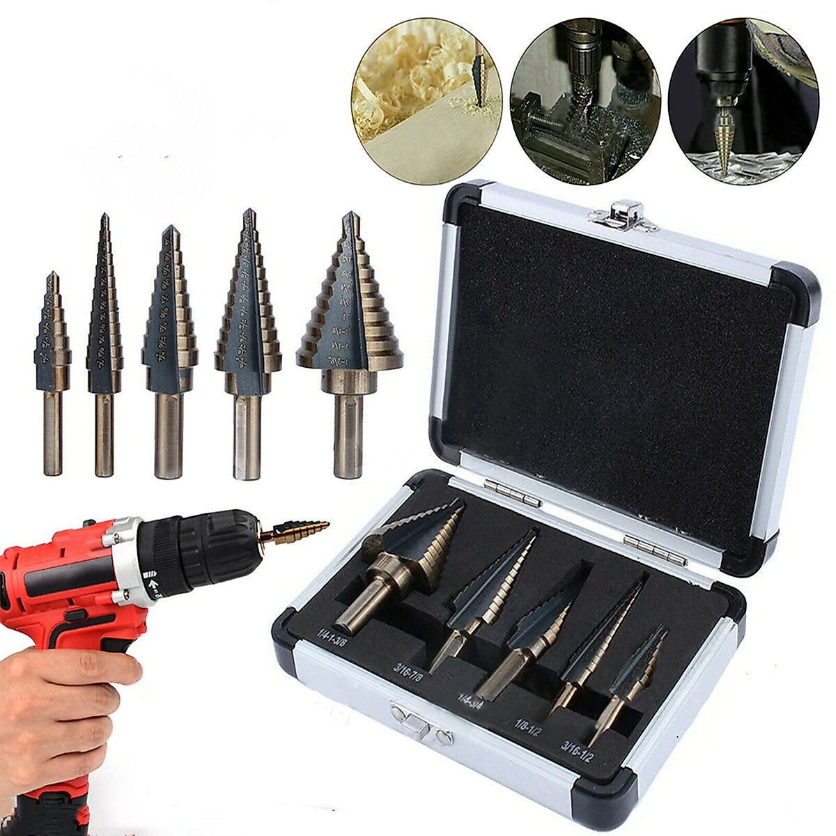5 Pcs Step Drill Bits Set, Multiple Hole 50 High Steel Sizes Step Drill Bit Tool Set W/Aluminum Case