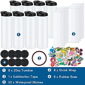 8 Pack 20 oz Sublimation Tumblers Dual Opening Blank Bottles Triple-Insulated Stainless Steel Water Bottle with Straw Lid Blank Tumbler Bulk with Shrink Wrap, Rubber Base, Heat Tape for Heat Transfer
