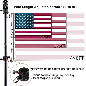 Black Flag Poles for Outside in Ground - 8FT Flag Pole for House with 2 Pronges Base - Stainless Steel Flag Pole Kit with 3x5FT American Flag for Yard Residential Commercial