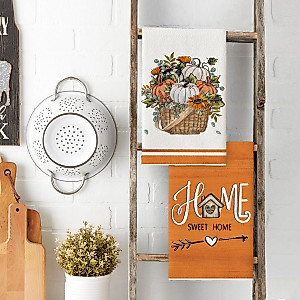 Artoid Mode Flower Basket Truck Pumpkin Fall Kitchen Towels Dish Towels, 18x26 Inch Bowknot Thanksgiving Decoration Hand Towels Set of 4