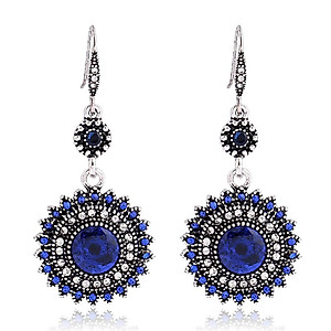 AILUOR Vintage Round Blue Sapphire Sunflowers Dangle Earrings, Women's Unique Retro Colorful Ethnic Bohemian Earrings Jewelry for Women (Blue)