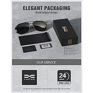 LUENX Aviator Sunglasses for Men Square Polarized Polygon Black Lens Matte Black Frame - UV 400 Protection with Accessories