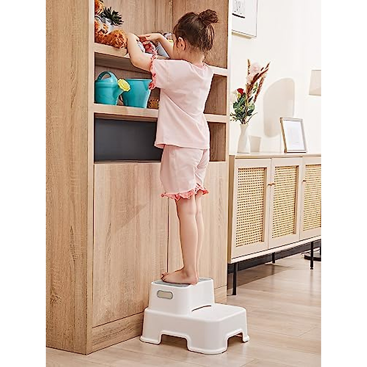 HEETA 2 Step Stool for Kids and Toddler, Anti-Slip Sturdy Step Stool for Potty Training or Kitchen Helper Stool, 2 in 1 Step Dual Height to Reach Kitchen Counter Bed or Sink, Grey & White
