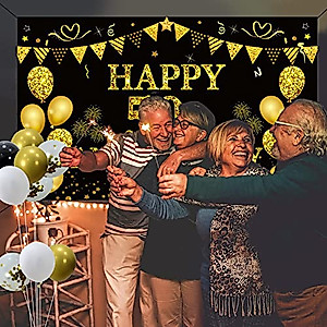 DARUNAXY 50th Wedding Anniversary Decorations, Large Happy 50th Anniversary Banner 70 x 43inch, 50PCS Black Gold Confetti Balloons, 2PCS Tablecloths for Cheer to 50 Year Party Supplies for Men Women