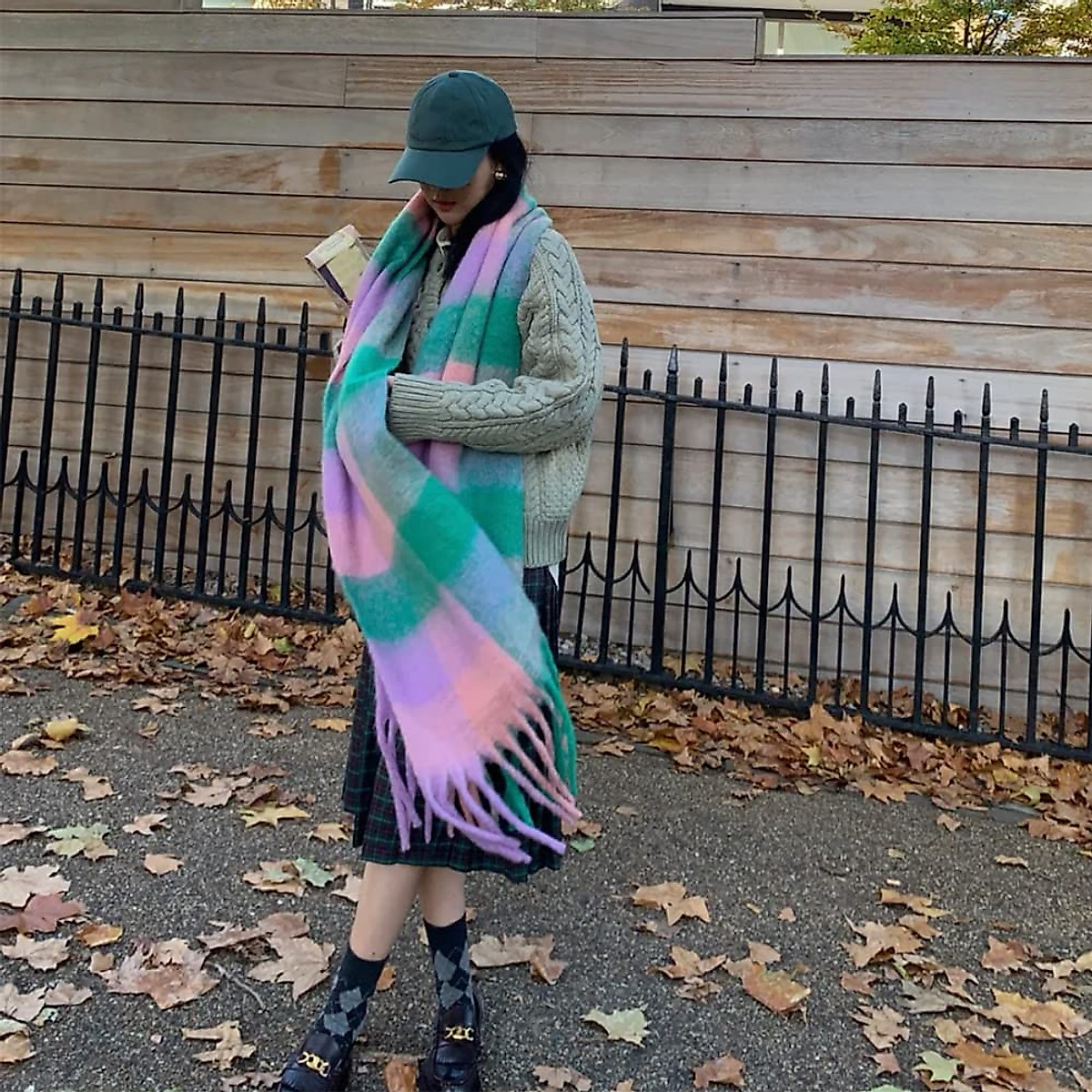 OUNIYA Big Chunky Plaid Scarf Colorful Checked Oversized Thick Scarves Soft Large Cashmere Wool Shawl Winter Warm Blanket Women (pink green grid)