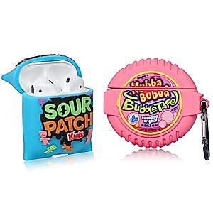 Lupct for Airpod 2/1 Silicone Case Soft Cartoon Fashion Cute Food Design Air Pods Cover Girls Women Funny Fun Cool Unique Kawaii Keychain Cases for AirPods 2&1 (Bubble Gum+Blue Sour Candy)(2 Packs)