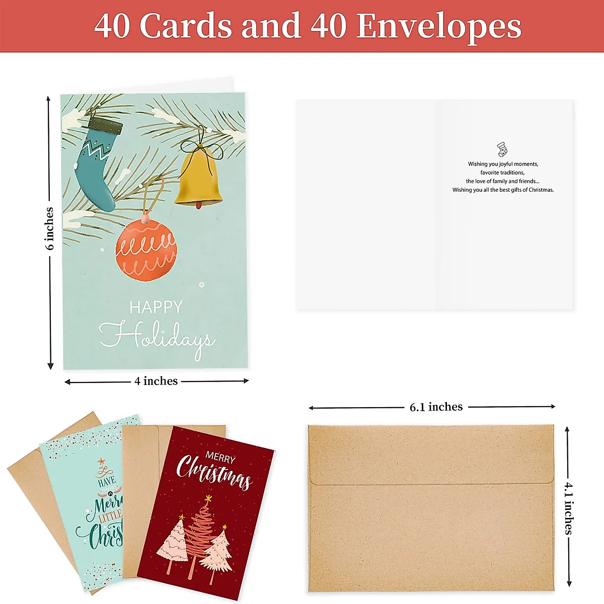 Nihuecne 40 Christmas Cards with Self Adhesive Envelopes, 4" x 6" Christmas and Holiday Xmas Greeting Note Cards Bulk for Friends, Family, Coworkers, Colleagues in 8 Assorted Design
