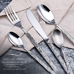 IKXO 35 Piece Silverware Set,Stainless Steel Silverware Set, Modern Sleek Flatware Set, Include Knife/Fork/Spoon & Long Teaspoon/Salad Fork Mirror-Polished & Dishwasher Safe Cutlery