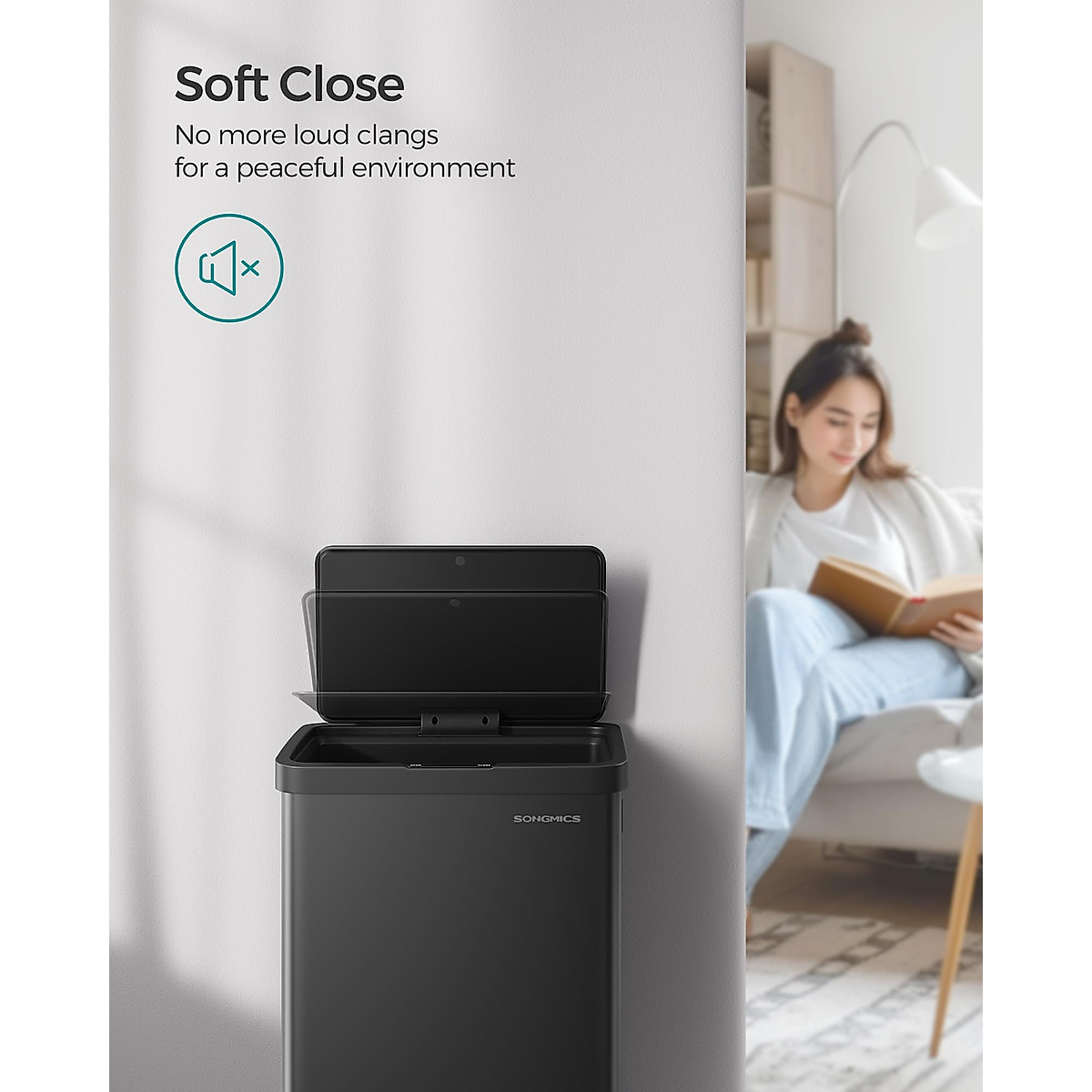 SONGMICS Motion Sensor Trash Can, 18-Gallon (68L) Automatic Kitchen Garbage Can with Stay-Open Lid, Soft Close, Stainless Steel, 15 Trash Bags Included, Ink Black ULTB630B68