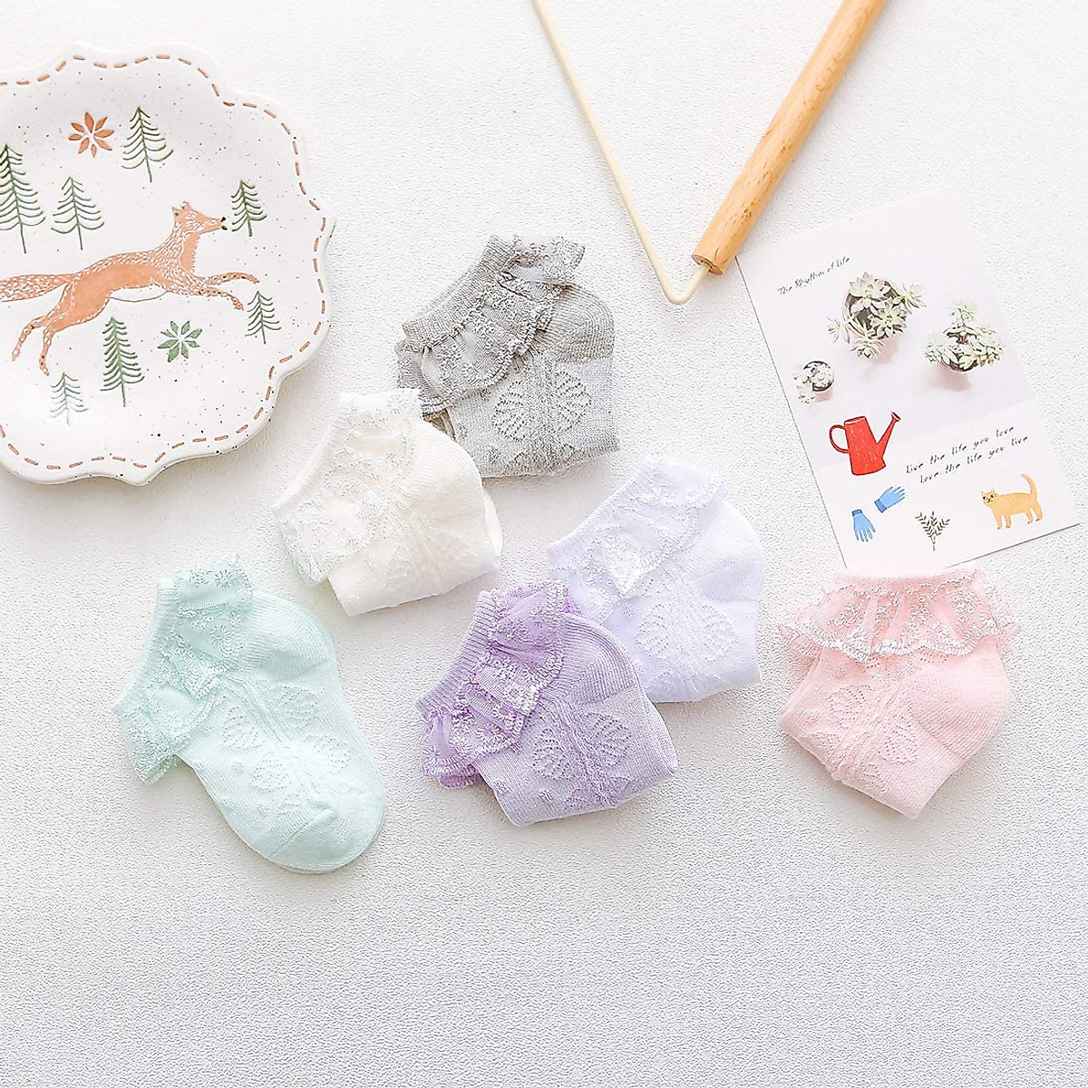 Durio Baby Ruffle Socks Baby Girl Socks Super Soft Lace Socks for Baby Girls Cute Baby Girl Ruffle Socks AA White & Ivory & Pink 3-12 Months