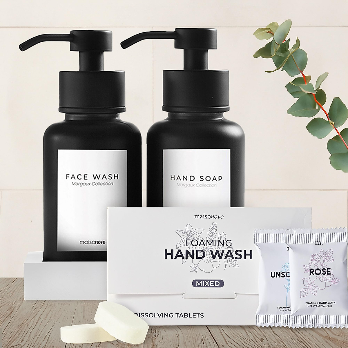 MaisoNovo Foaming Soap Dispenser with Concrete Tray - Hand Soap Refills for Foaming Dispenser - Black Bottle w.Tray 14 oz - 4 Mix Tablets