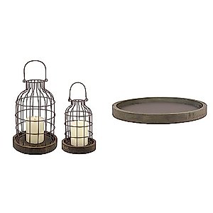 Stonebriar SB-5393C 2PC Wire Metal Cloche Set, Set of 2, Brown & Large 11.8" Decorative Rustic Farmhouse Worn Natural Wood and Metal Tray