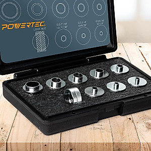 POWERTEC Dia 6-1/2" Router Base Plate & 10Pcs 5/16 to 1" Short Shank Router Template Bushing Guide Sets & Centering Pin. Fits Porter Cable, Craftsman, DeWalt, Bosch, Milwaukee Router Sub Bases (71778)