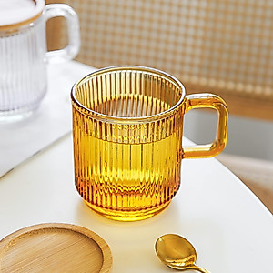 Lysenn Amber Glass Coffee Mug with Lid - Premium Classical Vertical Stripes Glass Tea Cup - for |Latte|Tea|Chocolate|Juice|Water| - Unleaded - Bamboo Lid - 12.5 Ounces