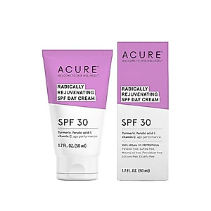 Acure Radically Rejuvenating SPF 30 Day Cream - Anti-Aging Sun Protection with Turmeric, Ferulic Acid & Vitamin C - Antioxidant Support, Calms and Soothes Skin - 100% Vegan - 1.7 Fl Oz, Scented
