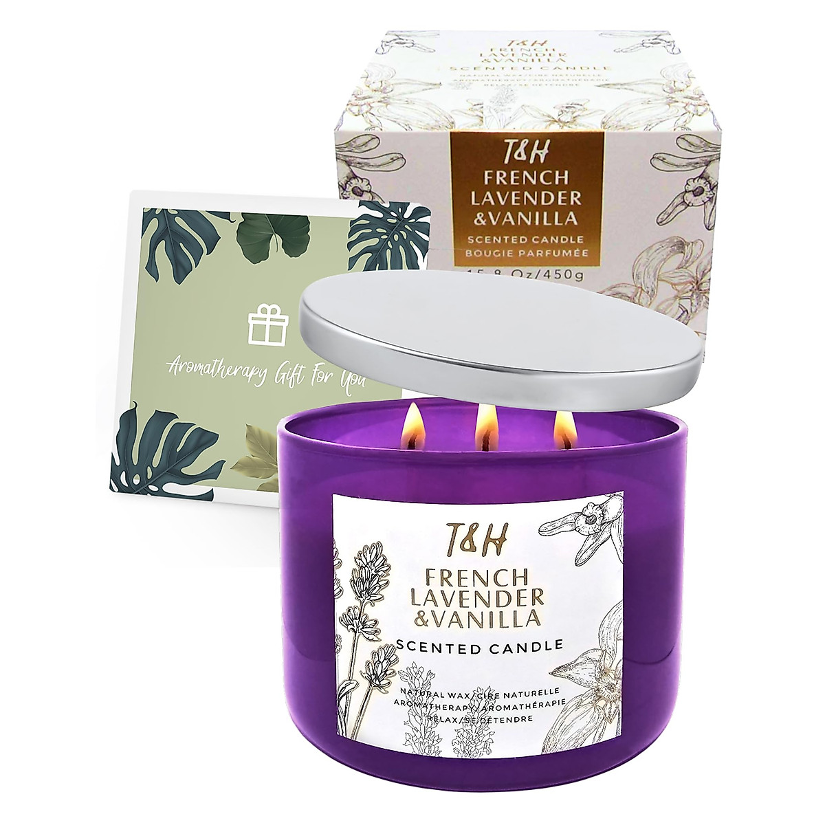Lavender Vanilla Aromatherapy Candle 3-Wick | Scented Candle for Home | 15.8 oz Large Soy Candle | Relaxing Candle with Long Lasting Fragrance | Decorative Candle Gift for Women