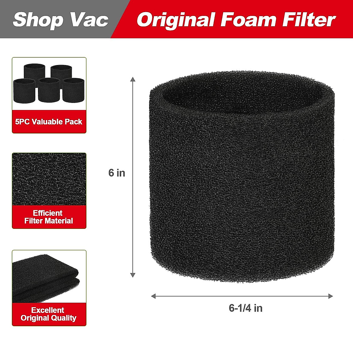 Shop-Vac 6 Gallon 3.0 Peak HP Wet Dry Vacuum+ 90585 Foam Sleeve Filter