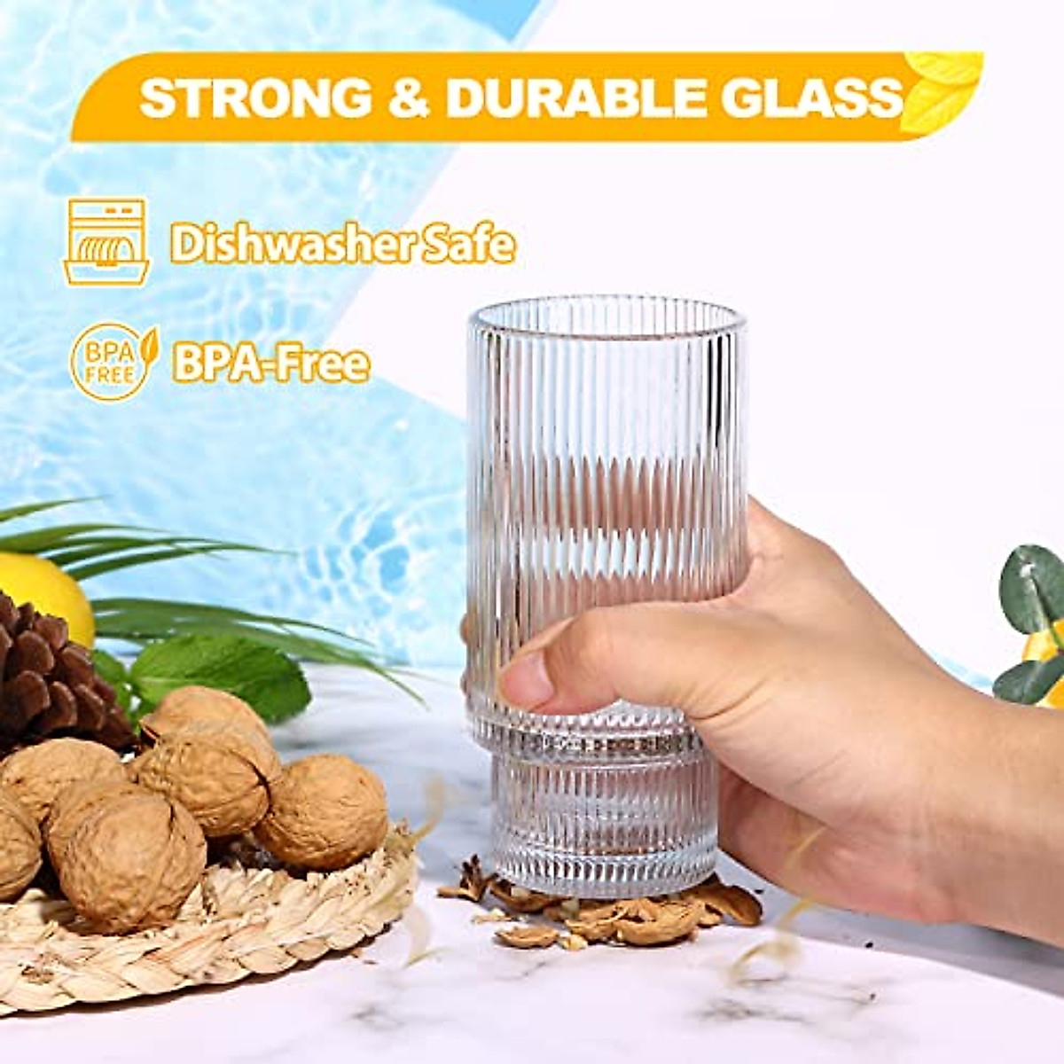 Aofmee Ribbed Drinking Glasses, Ribbed Glass Cups 12 oz, Ribbed Glassware Set of 4, Tall Glasses for Drinks Iced Tea Latte Smoothie Juice, Stackable Dinner Glass with Straw, Fluted Glassware