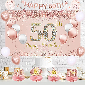 Trgowaul 50th Birthday Decorations for Women,23pcs Rose Gold Happy Birthday Party Supplies,Backdrop, Hanging Swirl Flag,Birthday Balloons,50 Year Old Birthday Set