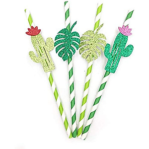 10 Pieces Cactus Monstera Leaf Drinking Straws Disposable Paper Straws for Hawaiian Party Supplies