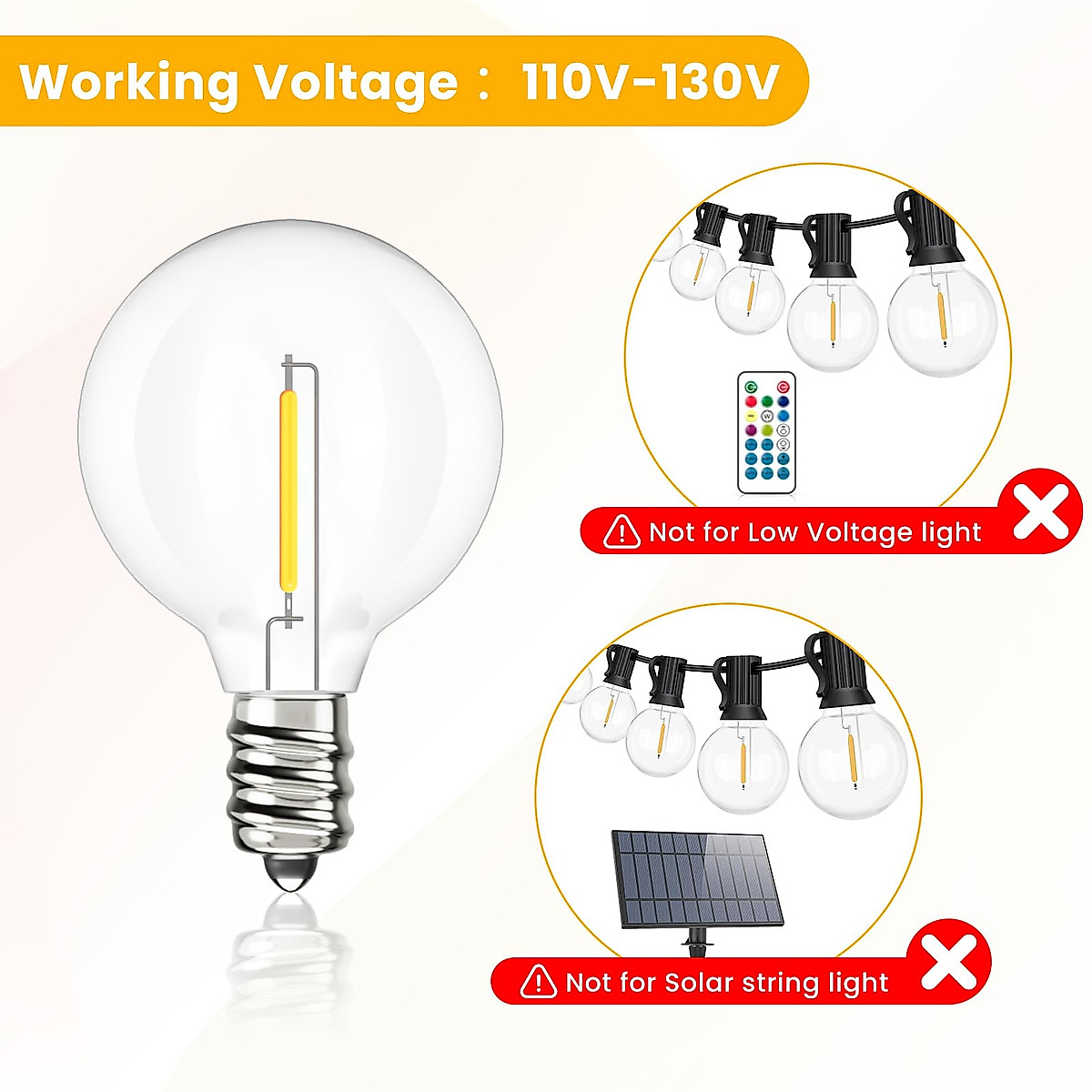 Svater G40 LED Replacement Light Bulbs for String Lights, Dimmable E12 Base Shatterproof Bulbs, 1W Equal to 5W, Warm White 2700K, 50Pack