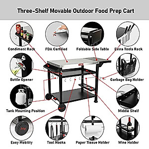 FEASTO Three-Shelf Movable Food Prep Cart Table , Home and Outdoor Multifunctional Stainless Steel Table Top Worktable on Two Wheels, L50’’x W21.7’’x H33’’