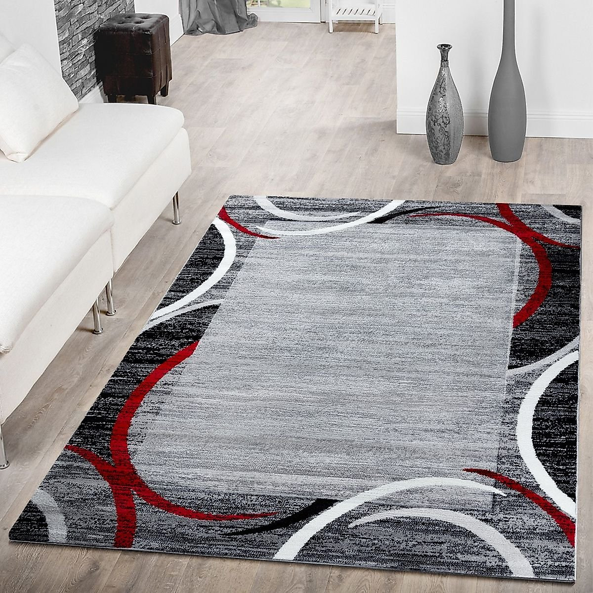 Area Rug for Living Room Modern Good Value Border Semicircle Mottled Rug Grey Red, Size:2' x 3'3"