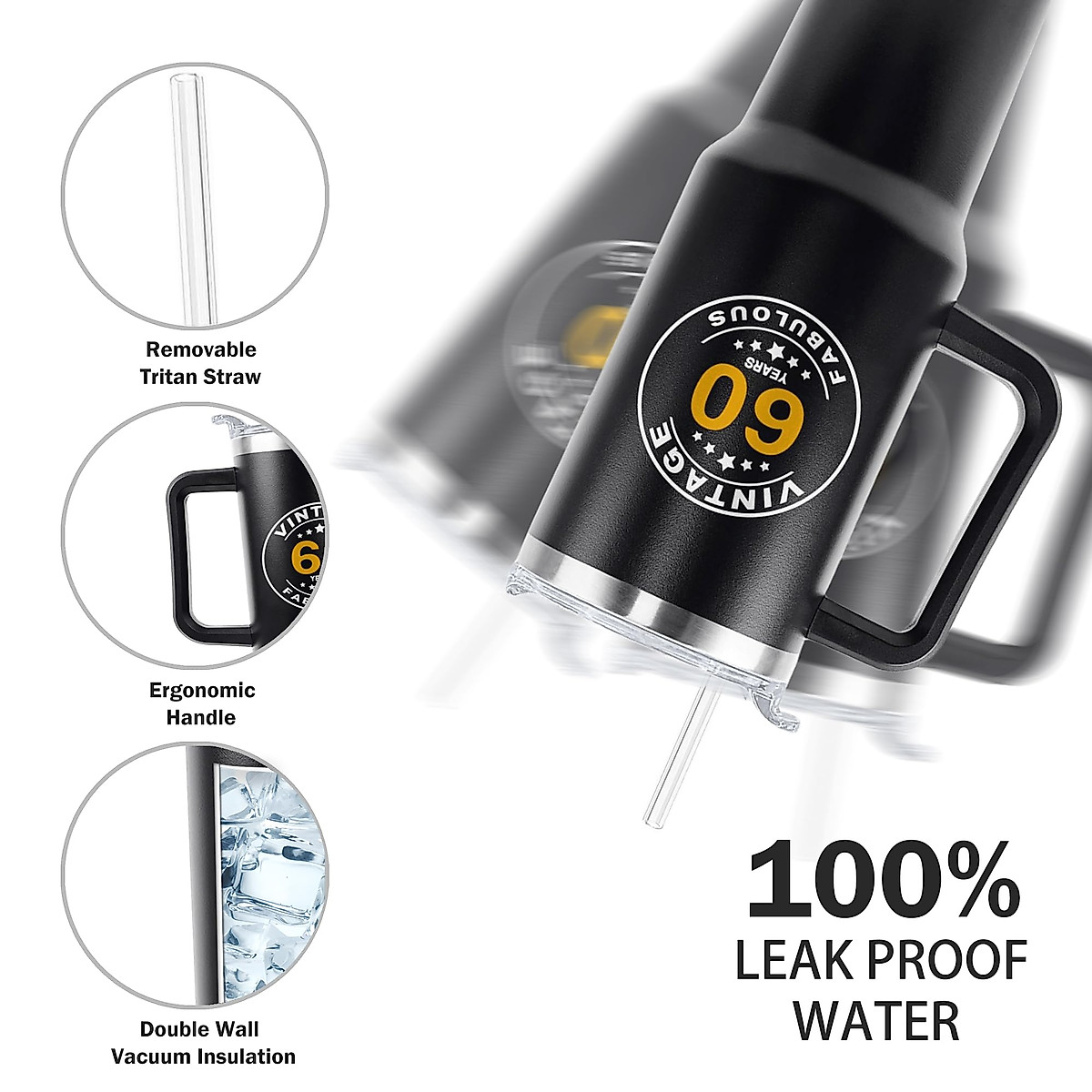 Qeenking 60th Birthday Gifts for Him Her - Birthday Tumbler for Women Men Dad Mom - 40 OZ Stainless Steel Cup Travel Mug Water Bottle with Handle and Straw - The Best Birthday Gift Ideas