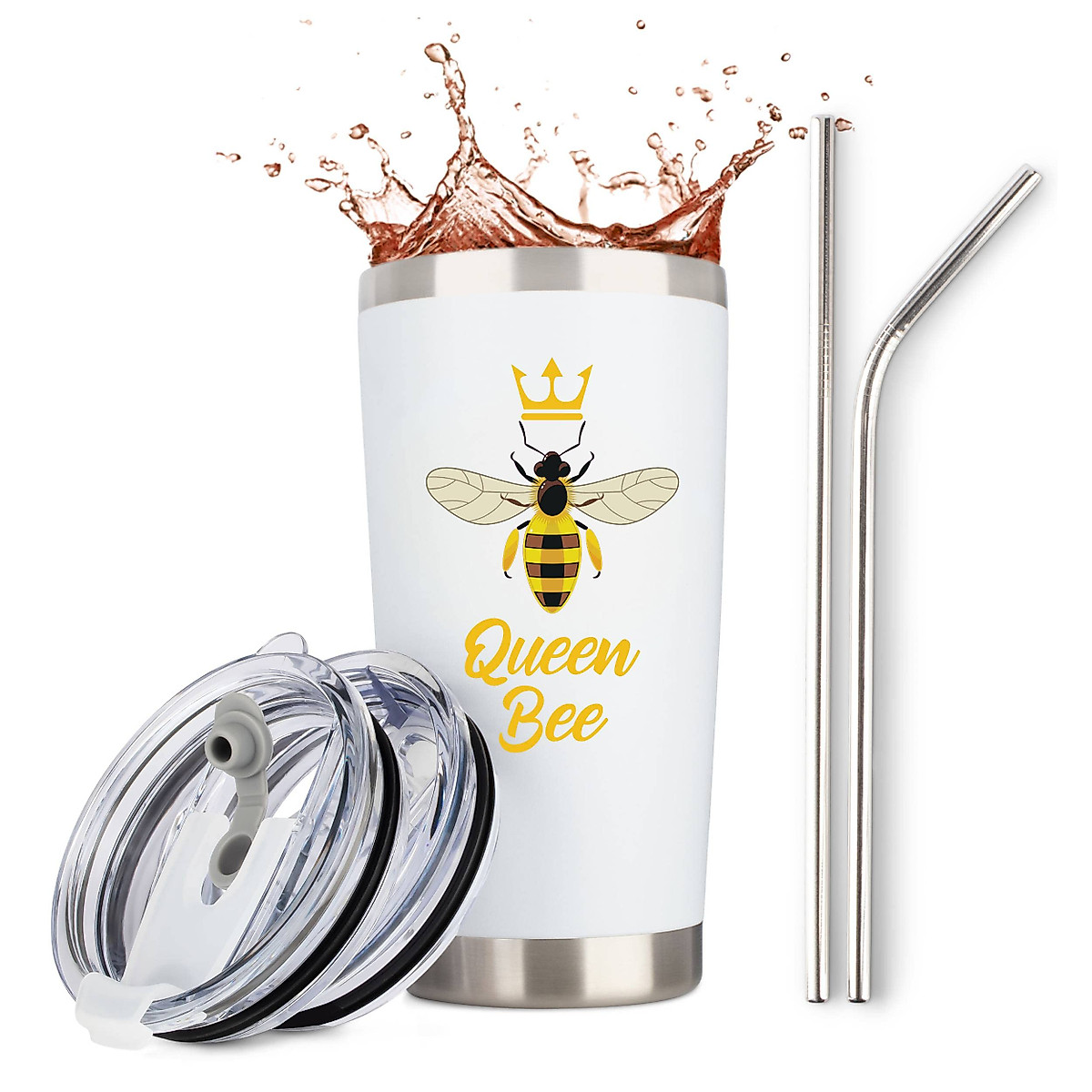 JENVIO Bee Mothers Day Gifts for Women | Queen Bee Lover | White Stainless Steel Wine/Coffee Travel Tumbler/Mug Includes Lid 2 Straws and Gift Box | Valentine's Day Bumble Bee (20 Ounce)