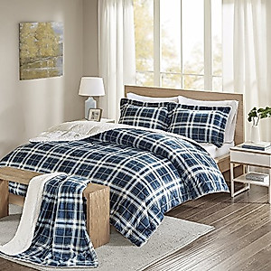 Comfort Spaces Aaron Sherpa Comforter and Throw Combo Set, Ultra Softy Fluffy Warm Checker Plaid Pattern Cold Weather Bedding, Full/Queen, Navy,CS10-0409