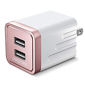 Dual USB Wall Charger, Overtime Universal 2.4Amp Plug Cube Quick Phone Power Adapter for iPhone 11 Pro Max X Xs XR 8 7 SE iPad Pro Air Mini Samsung Galaxy S7 S6 S5 Kindle (Rose Gold, 1 Pack)