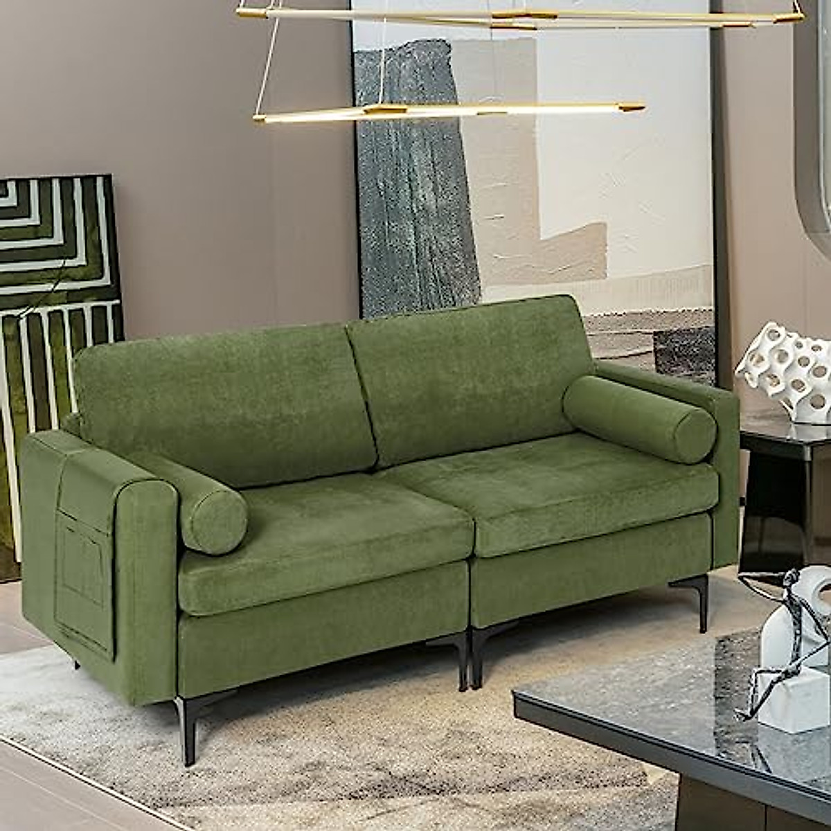 TUOCHUFUN Modern Loveseat Sofa Couch,Mid Century Couches for Living Room, Upholstered 2-Seat Love Seats with Pillow (Army Green)