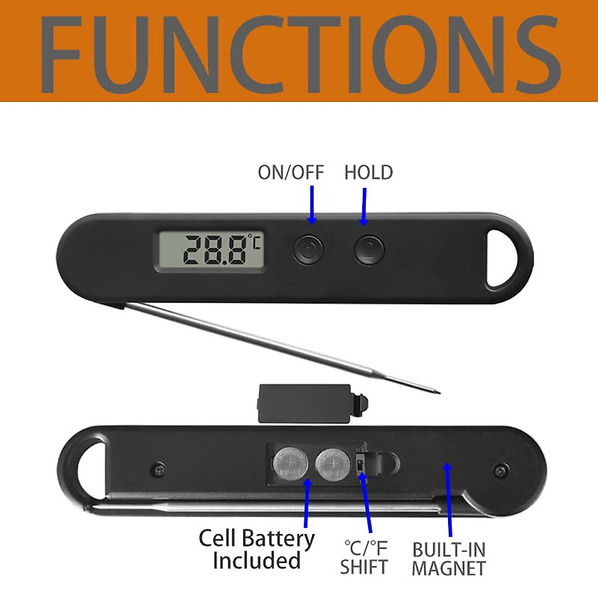 Wotermly D04 Digital Kitchen Meat Thermometer with Backlight LCD and Foldable Long Probe, Instant Read Food Cooking Thermometer Use for Oven, Grill,Liquid, BBQ, Baking and Candy