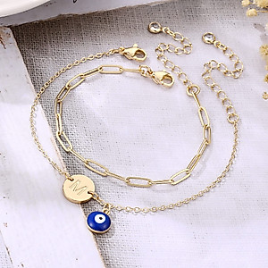 IEFWELL Initial Bracelets for Women, Dainty 14K Gold Plated Letter M Initial Bracelet Tiny Layered Evil Eye Bracelet for Women Evil Eye Bracelets for Teen Girls Gifts for Her, pulseras de Mujer