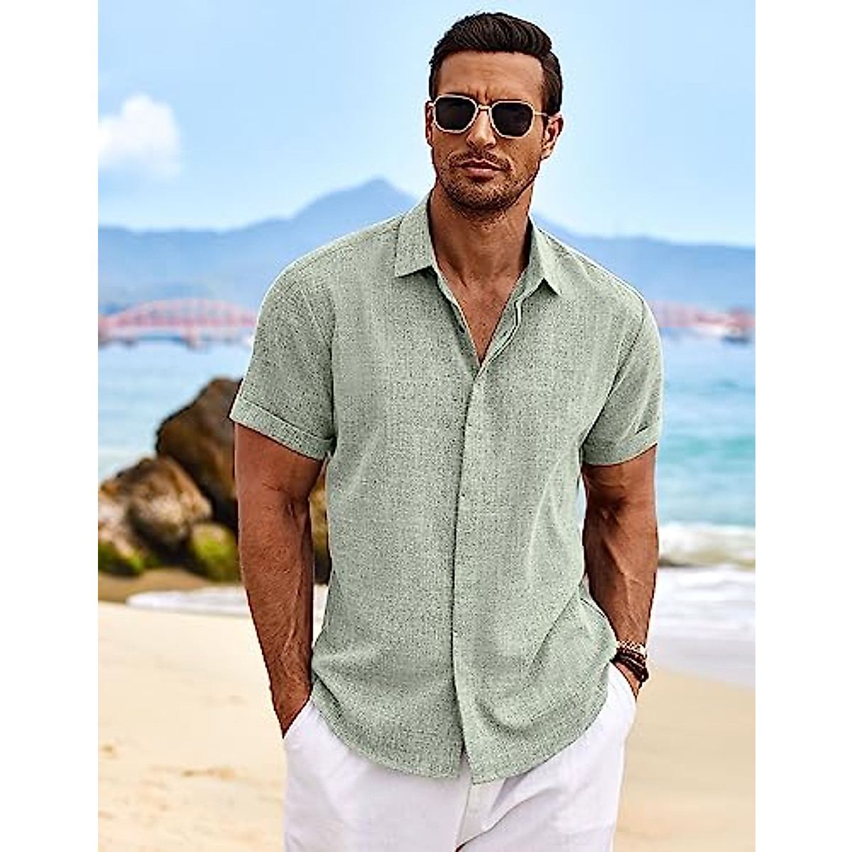 COOFANDY Men's Casual Button Down Shirts Linen Untucked Business Fitted Casual Shirt Short Sleeve Light Green
