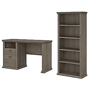 Bush Furniture Yorktown Home Office Desk with 5 Shelf Bookcase, 50W, Restored Gray