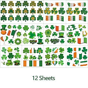 CUTELIILI St. Patrick's Day Temporary Tattoo 100+pcs, Party Favours Irish Flag Shamrock 12 Sheets Face Stickers For Audlts And Kids